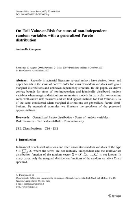 Pdf On Tail Value At Risk For Sums Of Non Independent Random Variables With A Generalized