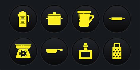 저울 롤링 핀 프라이팬 소스 병 커피 컵 요리 냄비 강판 및 주전자 아이콘을 설정합니다 벡터 강철에 대한 스톡 벡터 아트 및