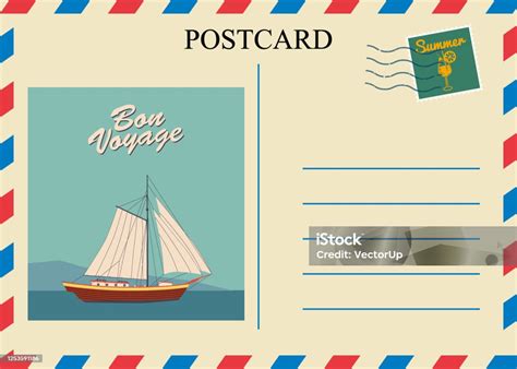 포스트 Acrd 여름 빈티지 범선 바다 우표가 있는 휴가 여행 디자인 카드 벡터 일러스트 리외 템플릿 엽서에 대한 스톡 벡터 아트 및 기타 이미지 Istock