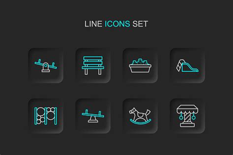 세트 라인 어트랙션 회전 목마 안장 그네에 말 시소 놀이터 등반 장비 슬라이드 놀이터 모래와 샌드 박스 벤치 및 아이콘 벡터 거리에 대한 스톡 벡터 아트 및 기타 이미지