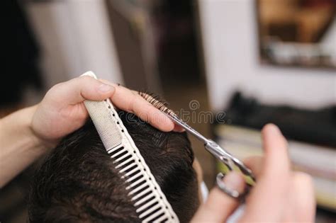 Man Getting Hair Cut By Scissor In Barbershop Barber Use Scissor Stock Image Image Of