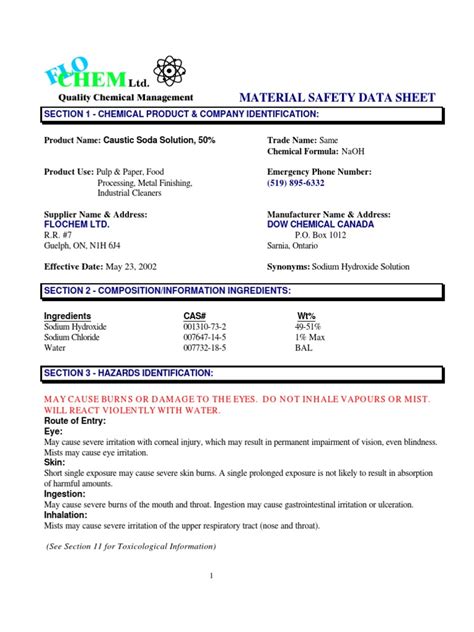 Msds Caustic Soda Sodium Hydroxide Firefighting