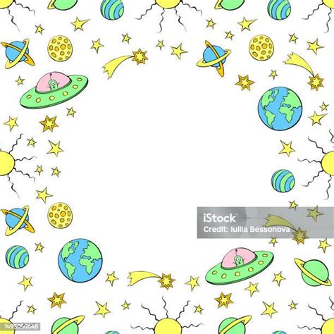 벡터 프레임 귀여운 외계인 행성 별 비행 접시 Ufo의 테두리 재미있는 색상 배경 공간을 테마로 한 장식 어린이 디자인 0명에 대한 스톡 벡터 아트 및 기타 이미지 Istock