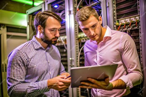 Computer Center Men And Data Engineer With Checklist Hardware And Connection As Programmer In It