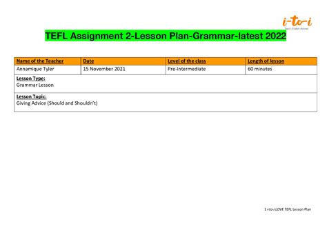 Tefl Assignment 2 Lesson Plan Grammar Latest 2022 Browsegrades