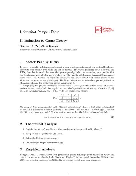 Penalty Kicks Universitat Pompeu Fabra Introduction To Game Theory Seminar 3 Zero Sum Games
