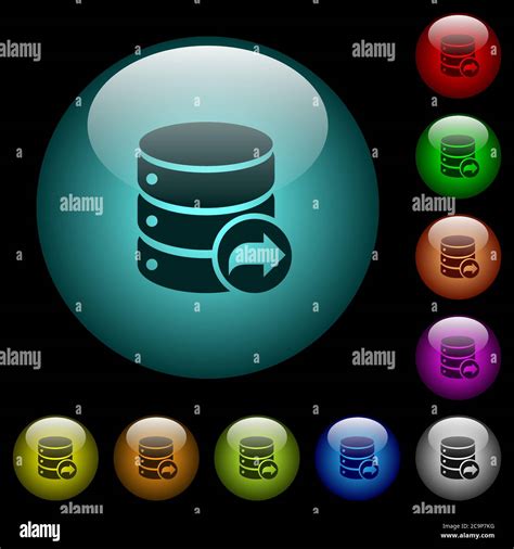 Database Transaction Commit Icons In Color Illuminated Spherical Glass Buttons On Black