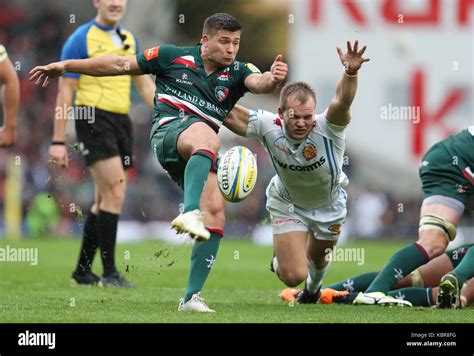 Exeter Chiefs Stuart Townsend Attempts To Charge Down The Kick Of