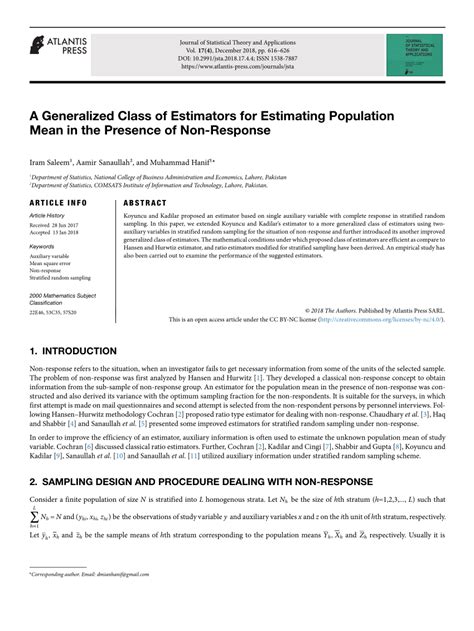 Pdf A Generalized Class Of Estimators For Estimating Population Mean In The Presence Of Non