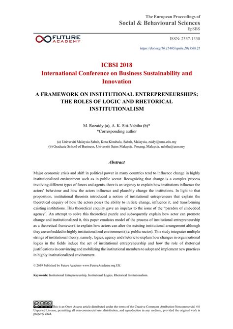 Pdf A Framework On Institutional Entrepreneurships The Roles Of