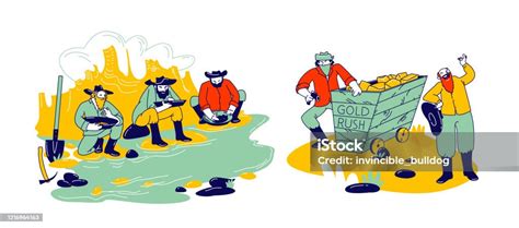 골든 러쉬와 골드 세척 개념 광부 캐릭터 서부 광산 캠프에서 스트림에서 너겟에 대한 패닝 무기 훔치는 프릴과 산적 와일드 웨스트 테마 선형 사람 벡터 일러스트레이션 금