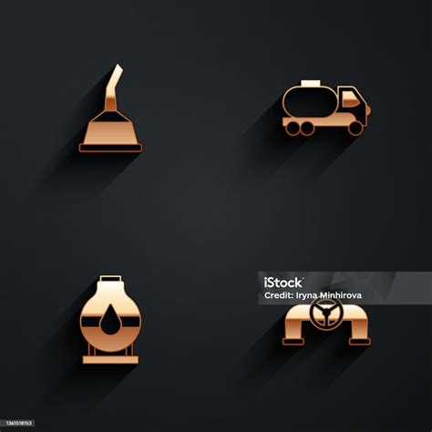 긴 그림자가있는 밸브 아이콘이있는 모터 기계 오일 탱커 트럭 오일 탱크 저장 및 파이프용 캐니스터 를 설정합니다 벡터 가솔린에 대한 스톡 벡터 아트 및 기타 이미지 Istock