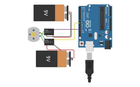 circuit design two relays with dc motor tinkercad