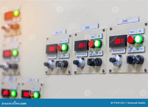 Push Button And Display On Control Panel With Electric Light Devices Selective Focus Stock Image