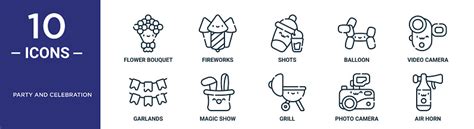 파티 및 축하 개요 아이콘 세트에는 얇은 선 꽃다발 샷 비디오 카메라 마술 쇼 사진 카메라 에어 혼 보고서 프리젠 테이션