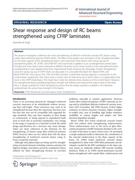 Pdf Shear Response And Design Of Rc Beams Strengthened Using Cfrp Laminates