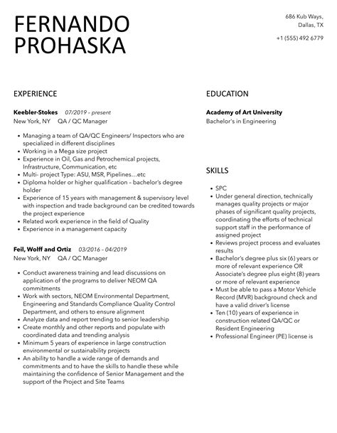 qa qc manager resume samples velvet jobs