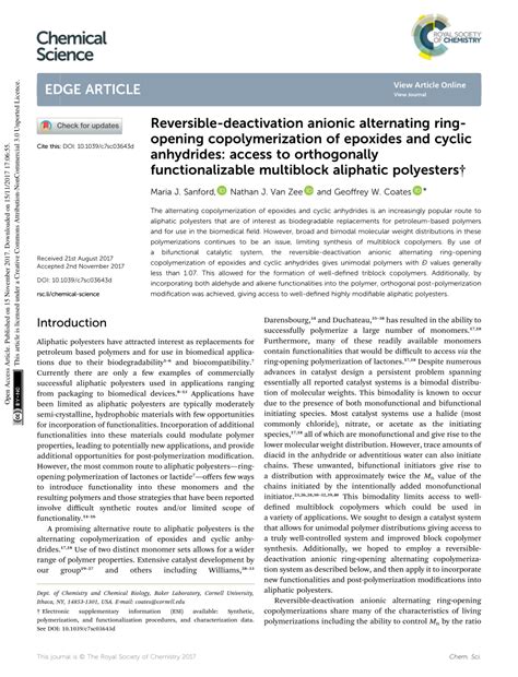 Pdf Reversible Deactivation Anionic Alternating Ring Opening Copolymerization Of Epoxides And