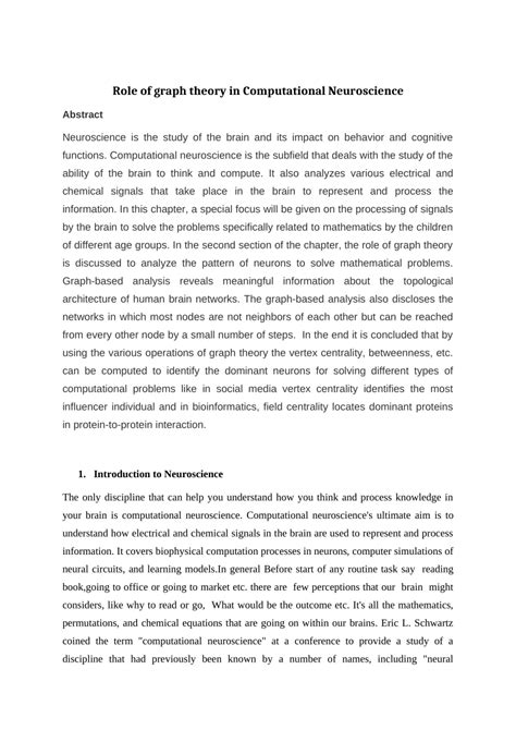 Pdf Role Of Graph Theory In Computational Neuroscience
