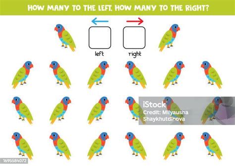 왼쪽 또는 오른쪽에 귀여운 만화 무지개 진훙 잉꼬가 있습니다 미취학 아동을 위한 논리적 워크시트입니다 교육에 대한 스톡 벡터 아트 및 기타 이미지 Istock