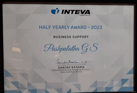 Pushpalatha G S On Linkedin Thank You Inteva Products For Recognizing Me With Business
