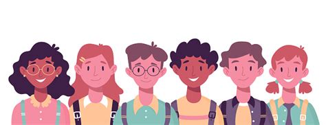 학교 배너로 돌아 가기 어린이 초상화 세트 배낭 다른 헤어 스타일 피부색 민족성을 가진 소년과 소녀의 웃는 얼굴 세트 학교 아이 아바타 플랫 벡터 일러스트레이션 교육에 대한