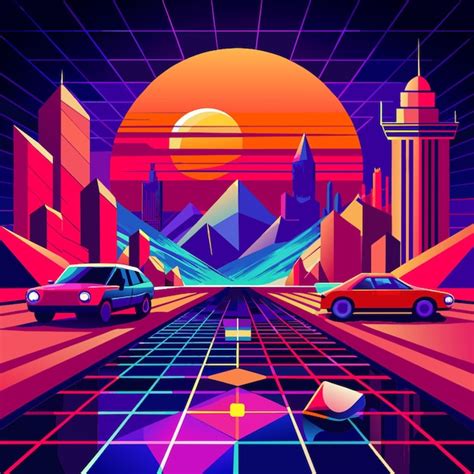 Retro Futuristic Set Surreal Geometric Shapes Wireframe Cyberpunk Elements And Perspective Grids