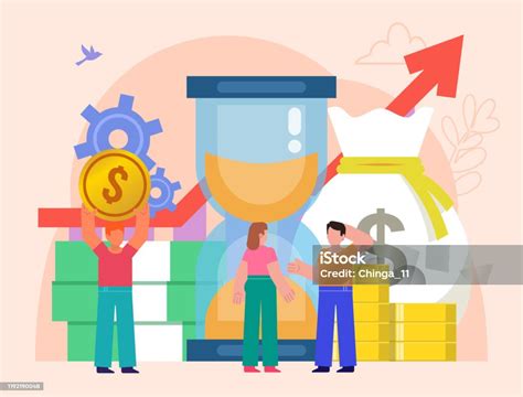 시간이 지남에 따라 소득 증가 사람들의 그룹은 큰 모래 시계 돈 현금 동전 근처에 서있다 개념에 대한 스톡 벡터 아트 및 기타 이미지 Istock