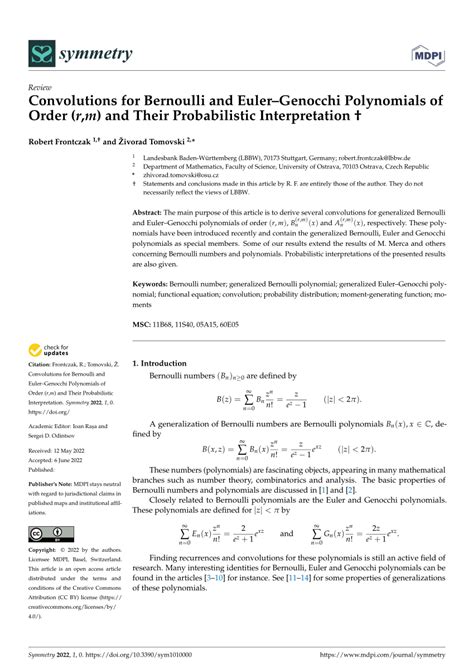 Pdf Convolutions For Bernoulli And Euler Genocchi Polynomials Of Order R M And Their