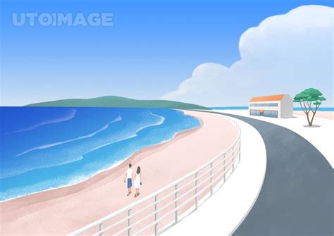 바닷가에 해변에서 산책하고 있는 연인이 있는 풍경 일러스트 Spai665 유토이미지 일러스트 여름 풍경 배경 자연 바다 파도 도로 해변 구름 건물