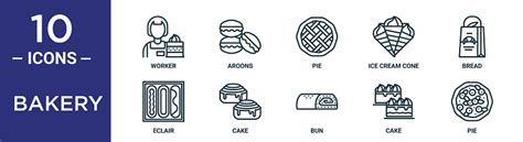 베이커리 개요 아이콘 세트에는 얇은 라인 작업자 파이 빵 케이크 케이크 파이 보고서 프리젠 테이션 다이어그램 웹 디자인을위한 Éclair 아이콘이 포함됩니다 0명에 대한