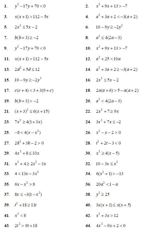 Quadratic Inequalities Worksheet With Answers