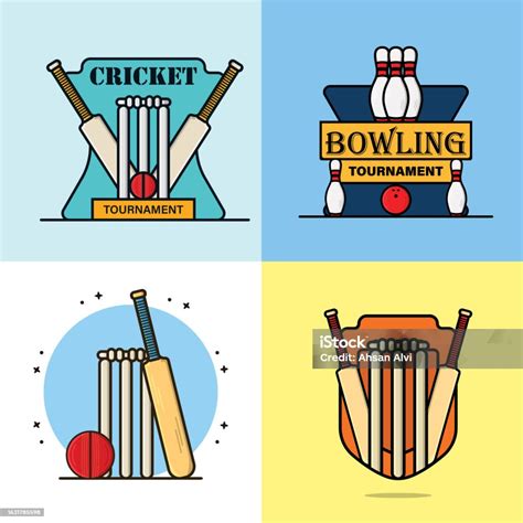 크리켓 배지와 볼링 공 배지 스포츠 게임 요소 벡터 일러스트레이션 세트 스포츠 개체 아이콘 개념입니다 개찰구 크리켓 공 볼링 공 및 크리켓 박쥐 컬렉션 벡터 디자인