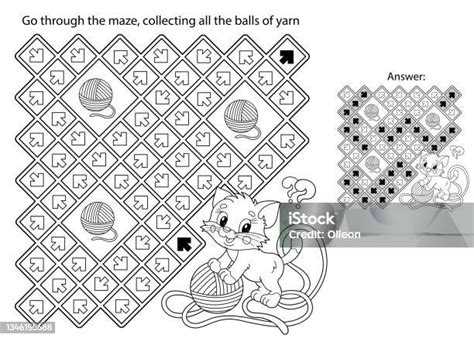 เขาวงกตหรือเกมเขาวงกต ปริศนา โครงร่างหน้าระบายสีของแมวการ์ตูนที่มีลูกเส้นด้าย สมุดระบาย