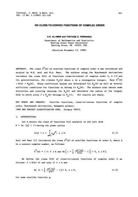 Pdf On Close To Convex Functions Of Complex Order