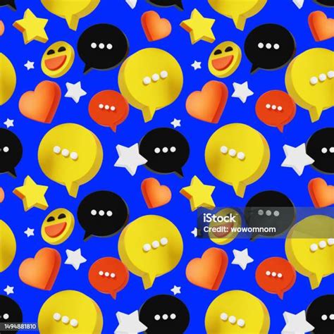 별과 심장이 있는 파란색 배경에 말풍선과 이모티콘의 3d 매끄러운 패턴 소셜 미디어 그림의 3d 디자인 0명에 대한 스톡 사진 및 기타 이미지 Istock