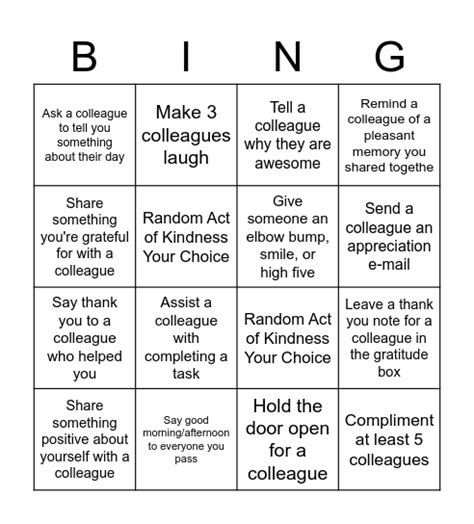 Workplace Random Acts Of Kindness Bingo Card