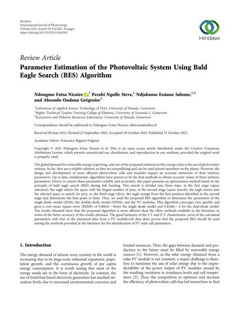 Pdf Parameter Estimation Of The Photovoltaic System Using Bald Eagle Search Bes Algorithm