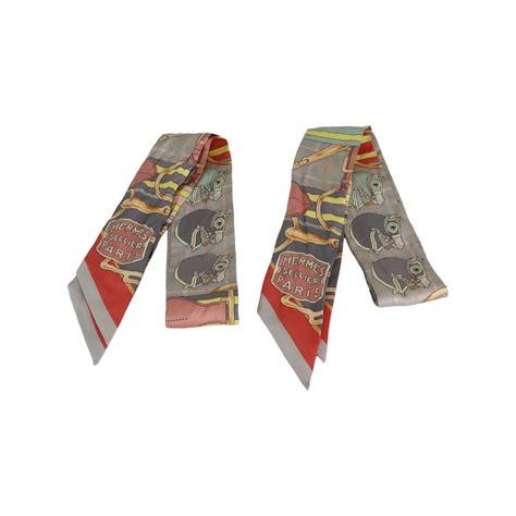 Twilly Set Silk Scarf In Yellow Red Silver And Coral Geometric Design Bag Religion