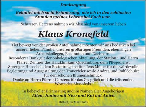Traueranzeigen Von Klaus Kronefeld Abschied Nehmende