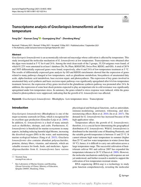 Transcriptome Analysis Of Gracilariopsis Lemaneiformis At Low Temperature Request Pdf
