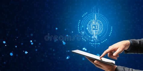 Hands Interacting With Tablet And Ai Interface On Blue Technology Background Stock Image Image