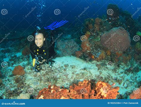 Diver Smiling Girl Underwater Stock Image 65577769