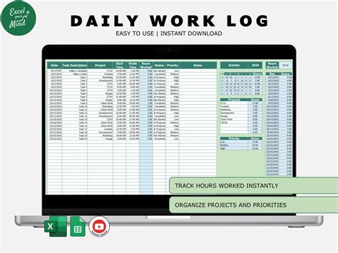 Daily Work Log Excel Template Track Time Projects Priorities
