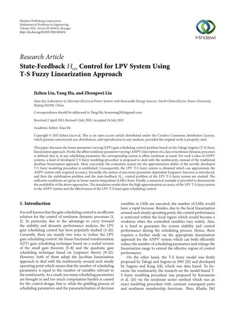 Pdf State Feedback Control For Lpv System Using T S Fuzzy Linearization Approach