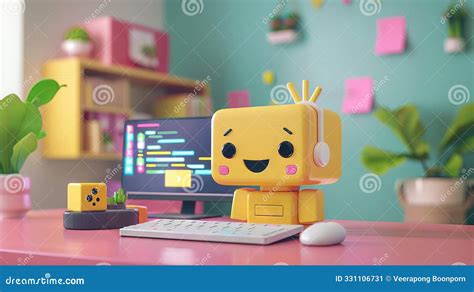Minimalist Cartoon Character With Coding Blocks Clean And Simple Backdrop Stock Illustration