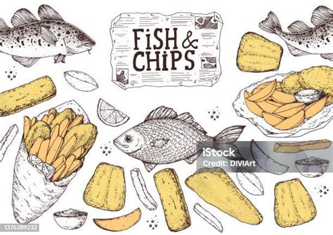 피시 앤 칩스 스케치 벡터 일러스트레이션 영국 술집 음식 손으로 그린 스케치 생선과 칩을 요리 손으로 그린 빈티지 이미지 메뉴 디자인 템플릿 물고기에 대한 스톡 벡터 아트