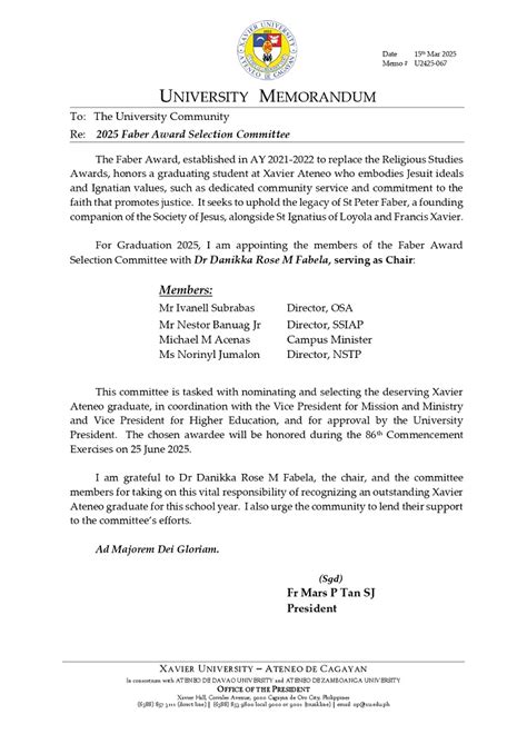 Xavier University Memo U2425 067 2025 Faber Award Selection Committee