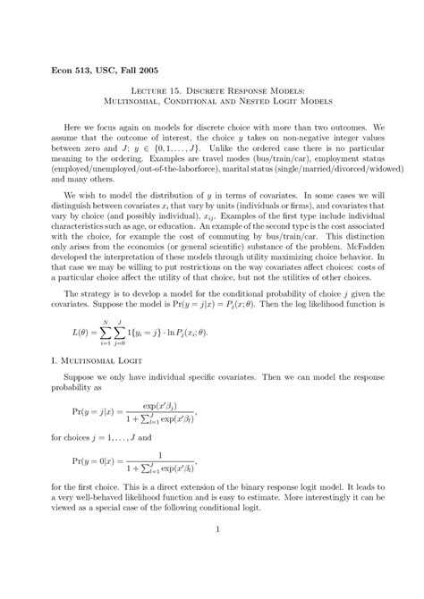 Discrete Response Models Multinomial Conditionalnested Logic Models Econ 513 Docsity