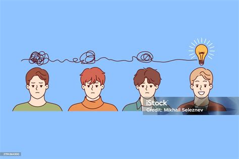 남자들은 함께 브레인스토밍을 하고 혼란스러운 생각을 머리 위의 전구 형태로 아이디어로 정리합니다 개념에 대한 스톡 벡터 아트 및 기타 이미지 Istock